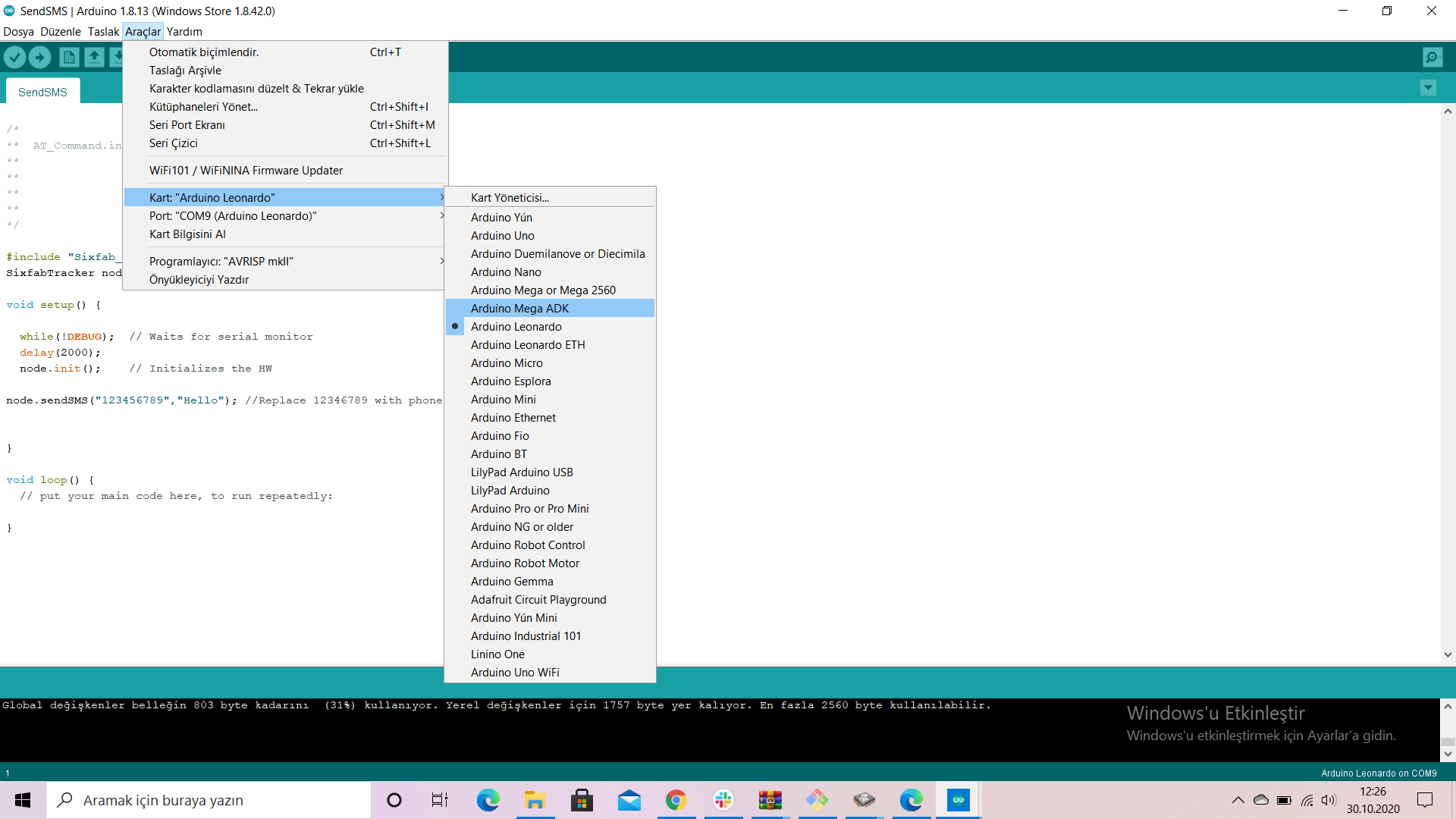 Arduino SMS Gönderme (Sixfab Tracker Shield İle)
